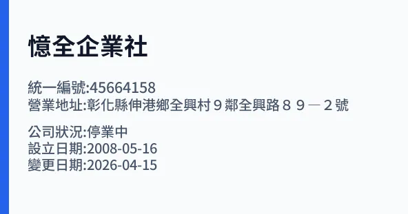 憶全企業社的照片-統編 45664158(彰化縣) 公司登記資料與營業項目詳細圖表