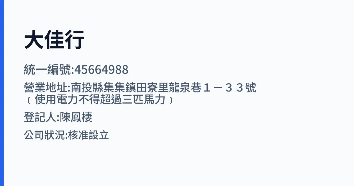 大佳行 - 統編 45664988(南投縣) 公司登記資料與營業項目詳細圖表