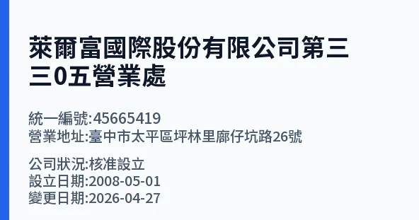 萊爾富國際股份有限公司第三三0五營業處的照片-統編 45665419(臺中市) 公司登記資料與營業項目詳細圖表