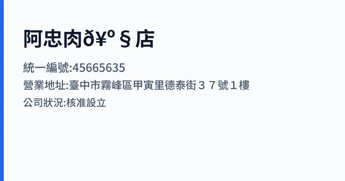 阿忠肉𥺧店 - 統編 45665635(臺中市) 公司登記資料與營業項目詳細圖表