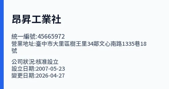 昂昇工業社的照片-統編 45665972(臺中市) 公司登記資料與營業項目詳細圖表