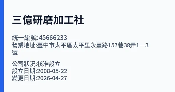 三億研磨加工社的照片-統編 45666233(臺中市) 公司登記資料與營業項目詳細圖表