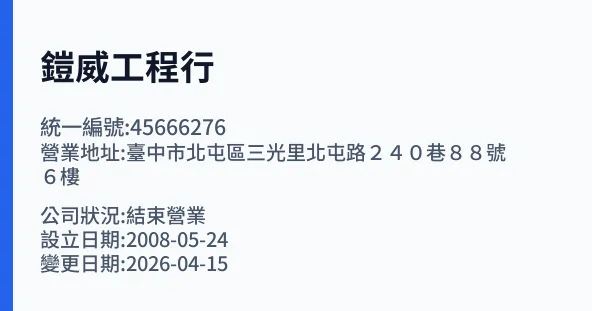 鎧威工程行的照片-統編 45666276(臺中市) 公司登記資料與營業項目詳細圖表