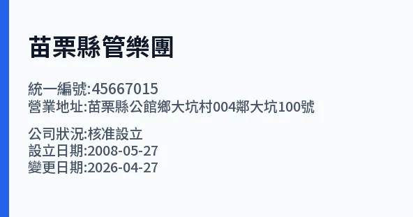 苗栗縣管樂團的照片-統編 45667015(苗栗縣) 公司登記資料與營業項目詳細圖表