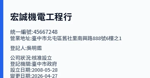 宏誠機電工程行的照片-統編 45667248(臺中市) 公司登記資料與營業項目詳細圖表