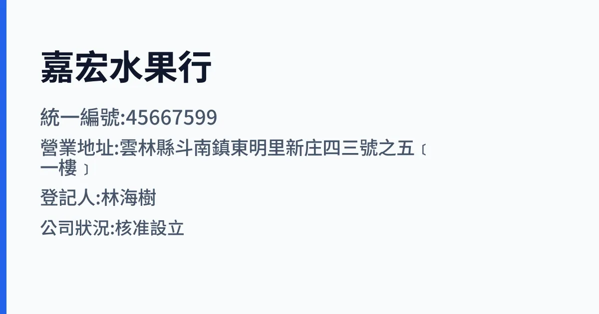嘉宏水果行 - 統編 45667599(雲林縣) 公司登記資料與營業項目詳細圖表