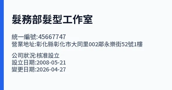 髮務部髮型工作室的照片-統編 45667747(彰化縣) 公司登記資料與營業項目詳細圖表