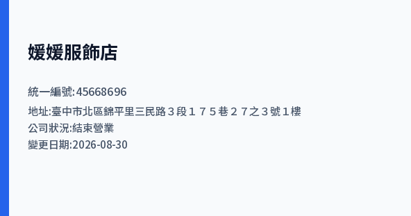 媛媛服飾店的照片-統編 45668696(臺中市) 公司登記資料與營業項目詳細圖表