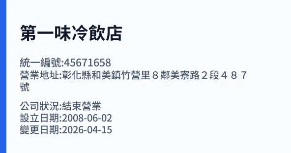 第一味冷飲店的照片-統編 45671658(彰化縣) 公司登記資料與營業項目詳細圖表