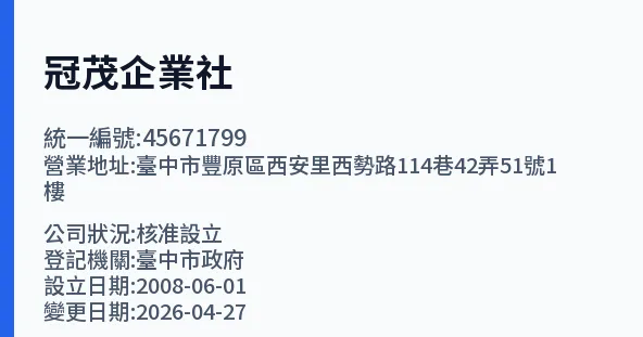 冠茂企業社的照片-統編 45671799(臺中市) 公司登記資料與營業項目詳細圖表