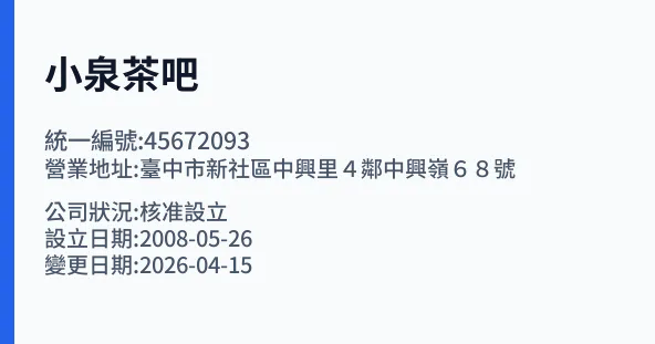 小泉茶吧的照片-統編 45672093(臺中市) 公司登記資料與營業項目詳細圖表