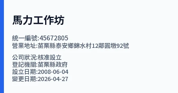 馬力工作坊的照片-統編 45672805(苗栗縣) 公司登記資料與營業項目詳細圖表