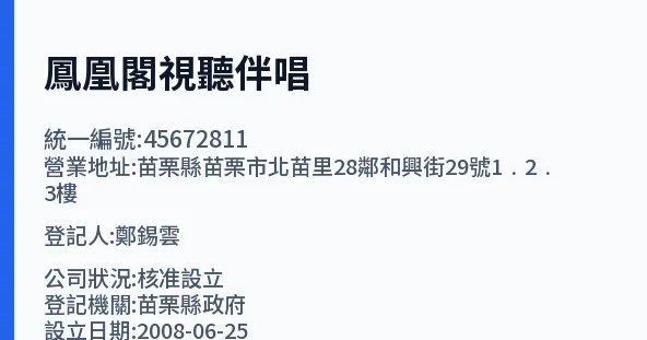 鳳凰閣視聽伴唱的照片-統編 45672811(苗栗縣) 公司登記資料與營業項目詳細圖表