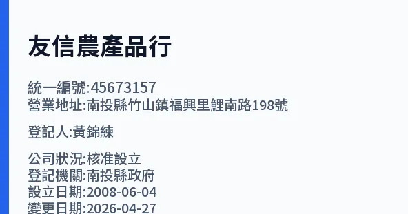 友信農產品行的照片-統編 45673157(南投縣) 公司登記資料與營業項目詳細圖表
