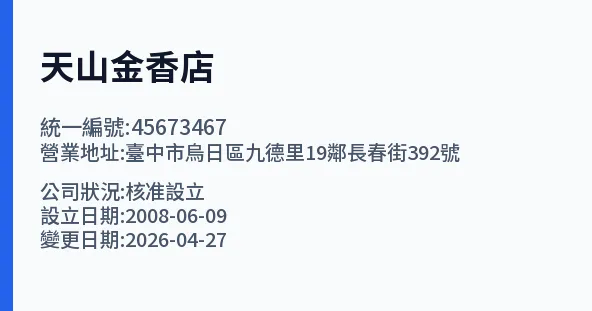 天山金香店的照片-統編 45673467(臺中市) 公司登記資料與營業項目詳細圖表