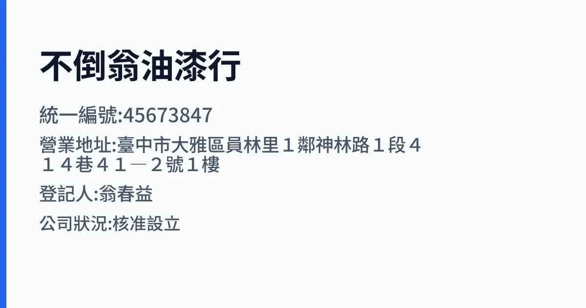不倒翁油漆行 - 統編 45673847(臺中市) 公司登記資料與營業項目詳細圖表