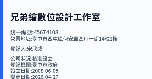 兄弟繪數位設計工作室的照片-統編 45674108(臺中市) 公司登記資料與營業項目詳細圖表