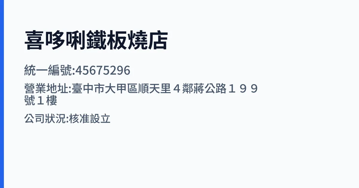 喜哆唎鐵板燒店 - 統編 45675296(臺中市) 公司登記資料與營業項目詳細圖表