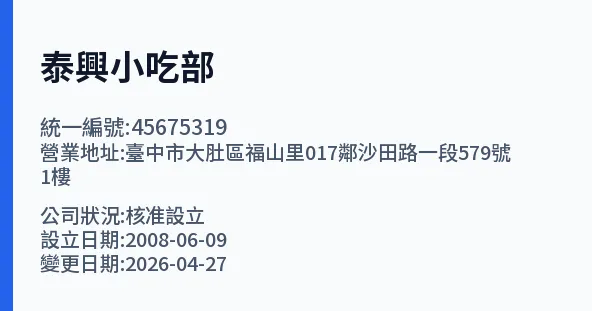 泰興小吃部的照片-統編 45675319(臺中市) 公司登記資料與營業項目詳細圖表