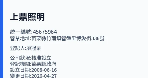 上鼎照明的照片-統編 45675964(苗栗縣) 公司登記資料與營業項目詳細圖表