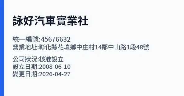 詠好汽車實業社的照片-統編 45676632(彰化縣) 公司登記資料與營業項目詳細圖表