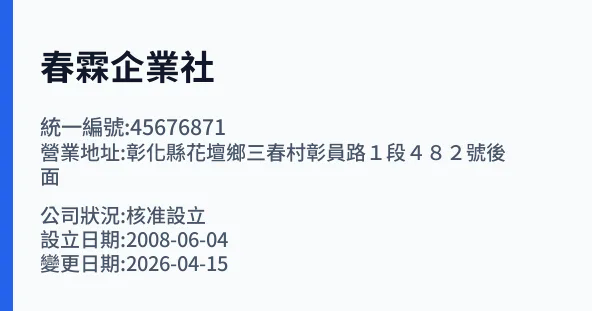 春霖企業社的照片-統編 45676871(彰化縣) 公司登記資料與營業項目詳細圖表