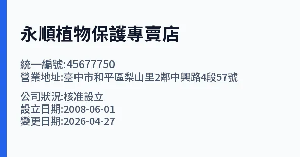 永順植物保護專賣店的照片-統編 45677750(臺中市) 公司登記資料與營業項目詳細圖表