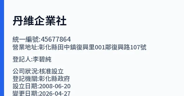 丹維企業社的照片-統編 45677864(彰化縣) 公司登記資料與營業項目詳細圖表