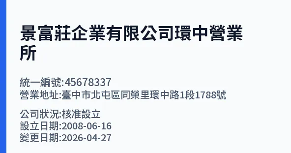 景富莊企業有限公司環中營業所的照片-統編 45678337(臺中市) 公司登記資料與營業項目詳細圖表