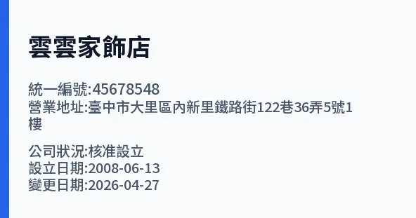 雲雲家飾店的照片-統編 45678548(臺中市) 公司登記資料與營業項目詳細圖表