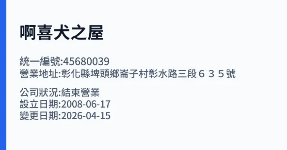 啊喜犬之屋的照片-統編 45680039(彰化縣) 公司登記資料與營業項目詳細圖表