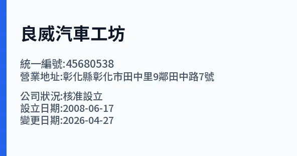 良威汽車工坊的照片-統編 45680538(彰化縣) 公司登記資料與營業項目詳細圖表