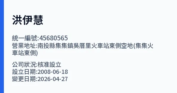 洪伊慧的照片-統編 45680565(南投縣) 公司登記資料與營業項目詳細圖表