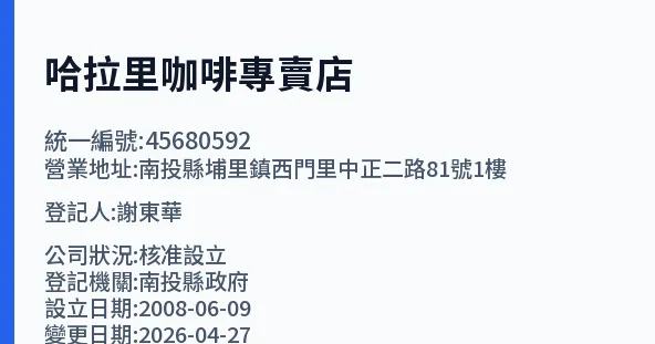 哈拉里咖啡專賣店的照片-統編 45680592(南投縣) 公司登記資料與營業項目詳細圖表