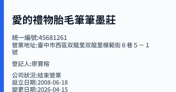 愛的禮物胎毛筆筆墨莊的照片-統編 45681261(臺中市) 公司登記資料與營業項目詳細圖表