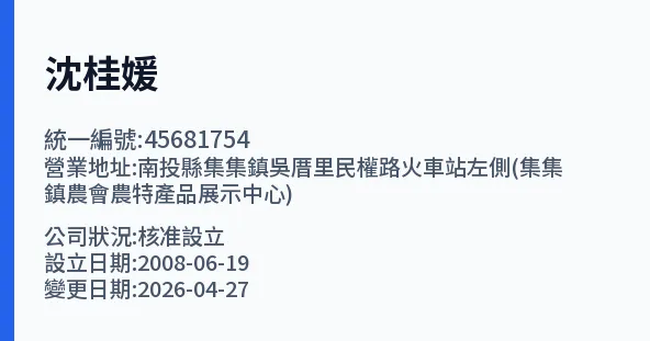 沈桂媛的照片-統編 45681754(南投縣) 公司登記資料與營業項目詳細圖表