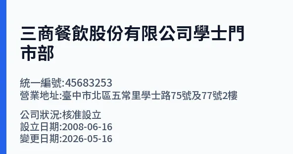 三商餐飲股份有限公司學士門市部的照片-統編 45683253(臺中市) 公司登記資料與營業項目詳細圖表