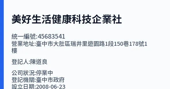美好生活健康科技企業社的照片-統編 45683541(臺中市) 公司登記資料與營業項目詳細圖表