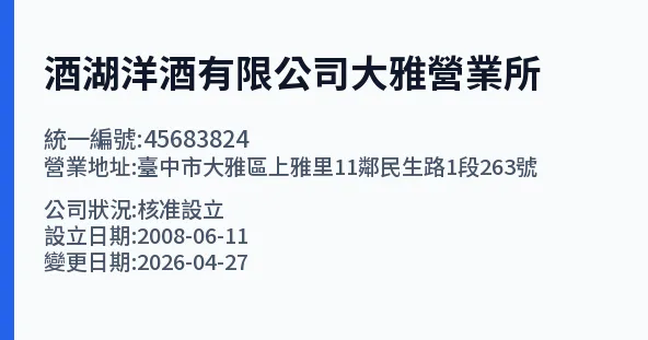 酒湖洋酒有限公司大雅營業所的照片-統編 45683824(臺中市) 公司登記資料與營業項目詳細圖表