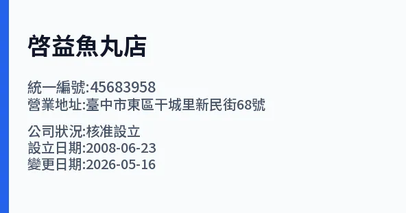啓益魚丸店的照片-統編 45683958(臺中市) 公司登記資料與營業項目詳細圖表