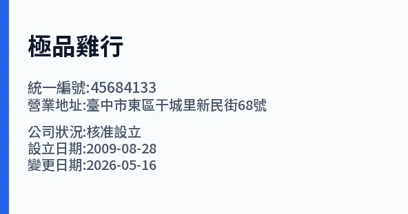 極品雞行的照片-統編 45684133(臺中市) 公司登記資料與營業項目詳細圖表