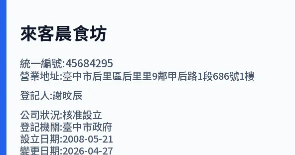 來客晨食坊的照片-統編 45684295(臺中市) 公司登記資料與營業項目詳細圖表