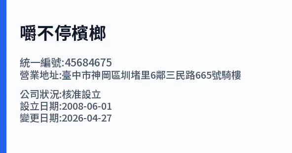 嚼不停檳榔的照片-統編 45684675(臺中市) 公司登記資料與營業項目詳細圖表