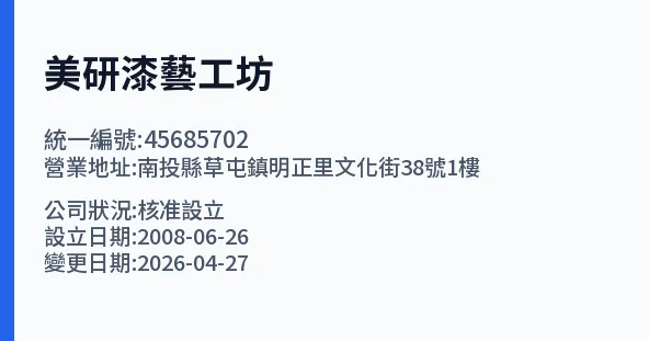 美研漆藝工坊的照片-統編 45685702(南投縣) 公司登記資料與營業項目詳細圖表