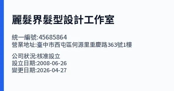 麗髮界髮型設計工作室的照片-統編 45685864(臺中市) 公司登記資料與營業項目詳細圖表