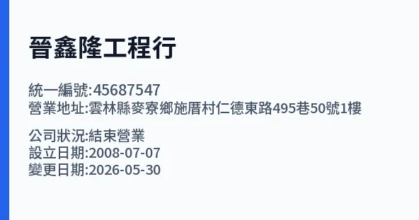 晉鑫隆工程行的照片-統編 45687547(雲林縣) 公司登記資料與營業項目詳細圖表