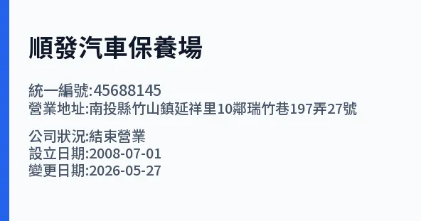 順發汽車保養場的照片-統編 45688145(南投縣) 公司登記資料與營業項目詳細圖表