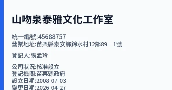 山吻泉泰雅文化工作室的照片-統編 45688757(苗栗縣) 公司登記資料與營業項目詳細圖表