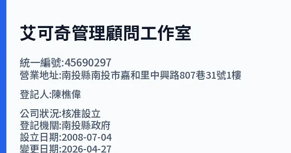 艾可奇管理顧問工作室的照片-統編 45690297(南投縣) 公司登記資料與營業項目詳細圖表