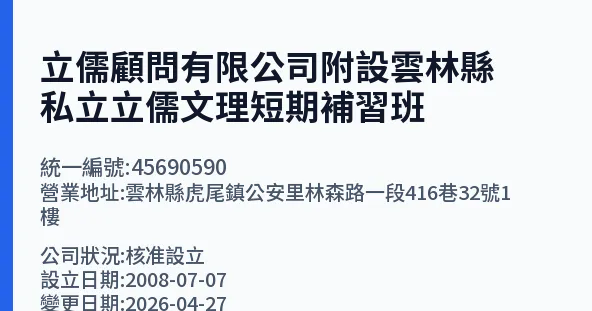 立儒顧問有限公司附設雲林縣私立立儒文理短期補習班的照片-統編 45690590(雲林縣) 公司登記資料與營業項目詳細圖表